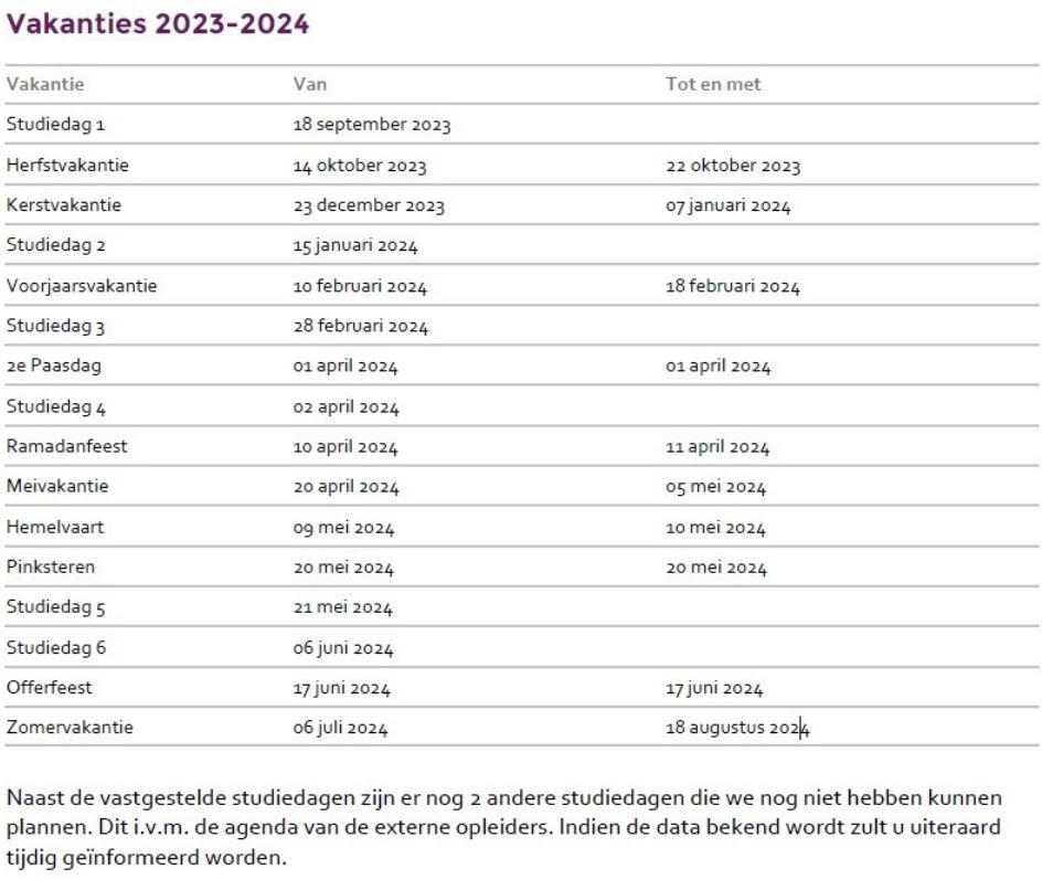 SIMON - Ibn-i Sina > Praktische informatie > Vakantierooster